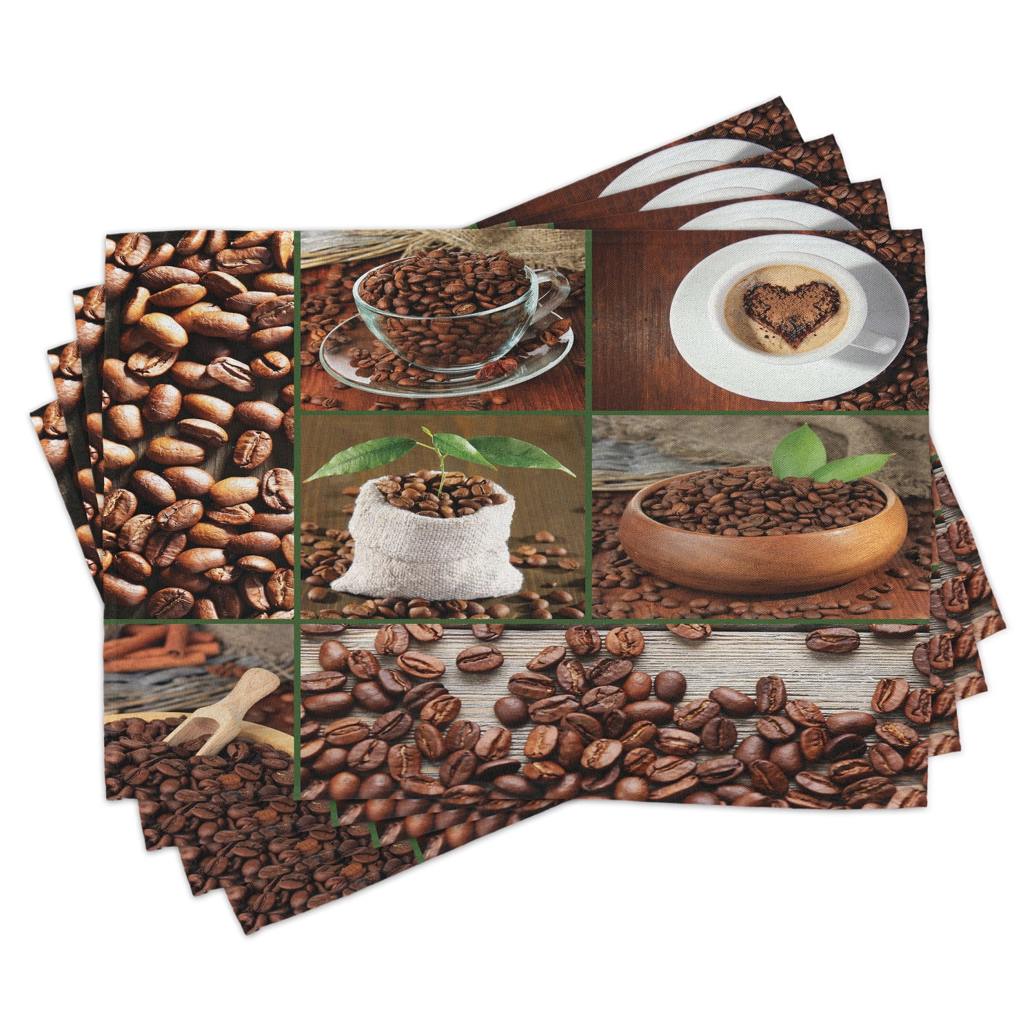 Brown Placemats Set of 4 Collage of Coffee Beans in Cups and Bags with ...