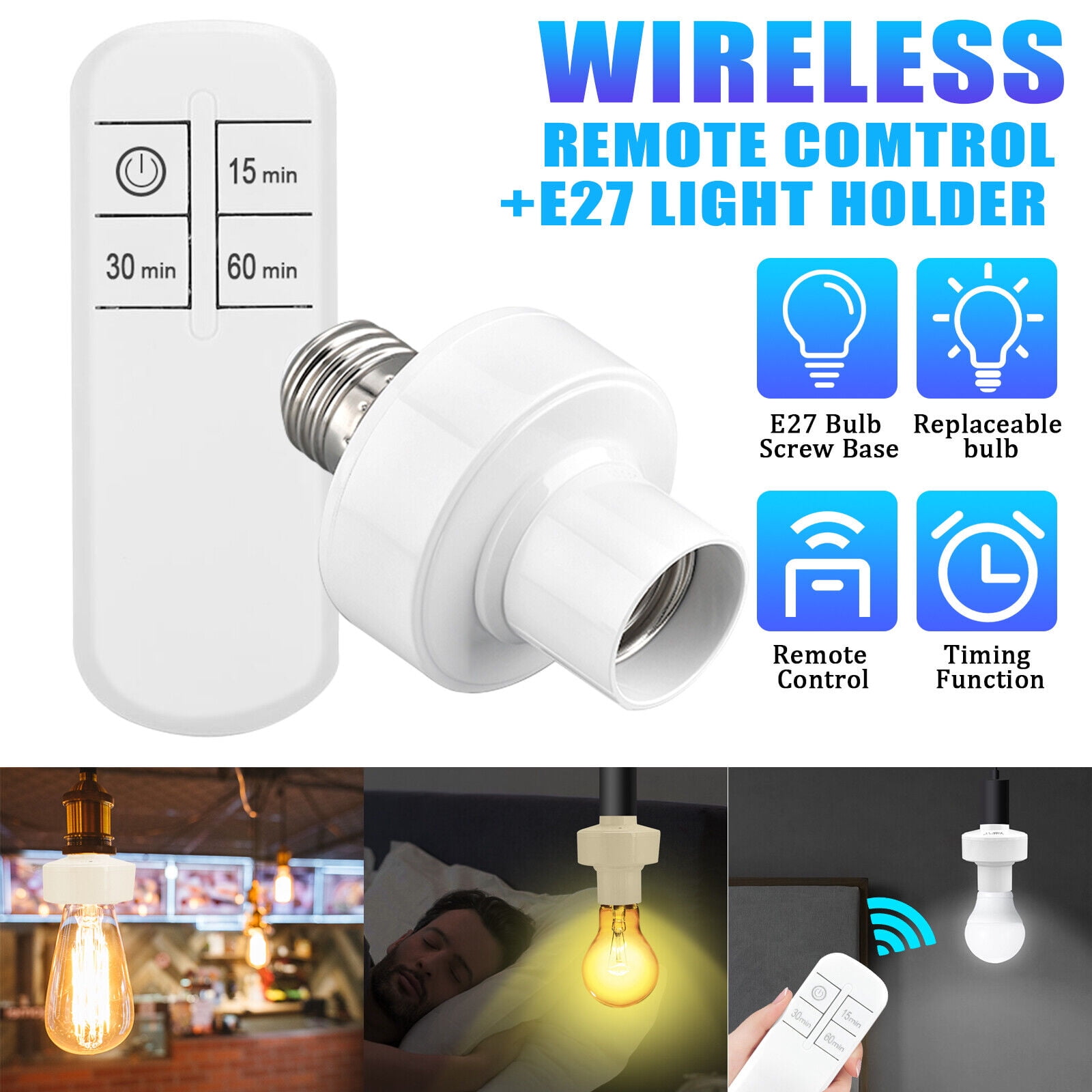 E27 Wireless Remote Control Light Lamp Socket Bulb Base Adapter Holder ...