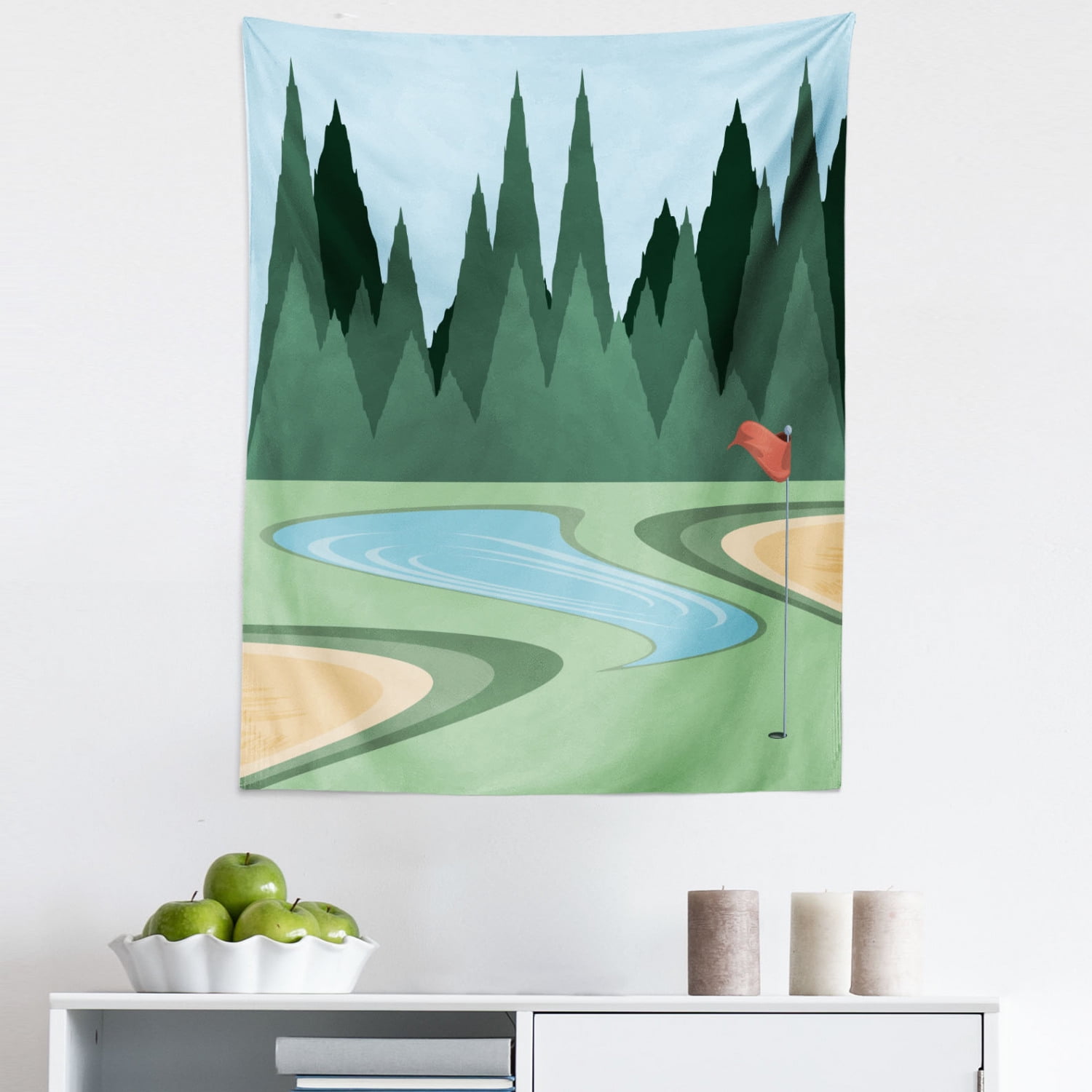 Golf Course Scene Tapestry, Sportive Activity Field with Forest Pond ...