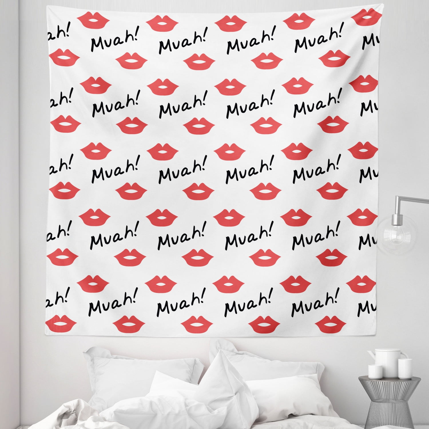 Kiss Tapestry, Red Woman Lips Kiss Marks Pattern Romance Feminine ...