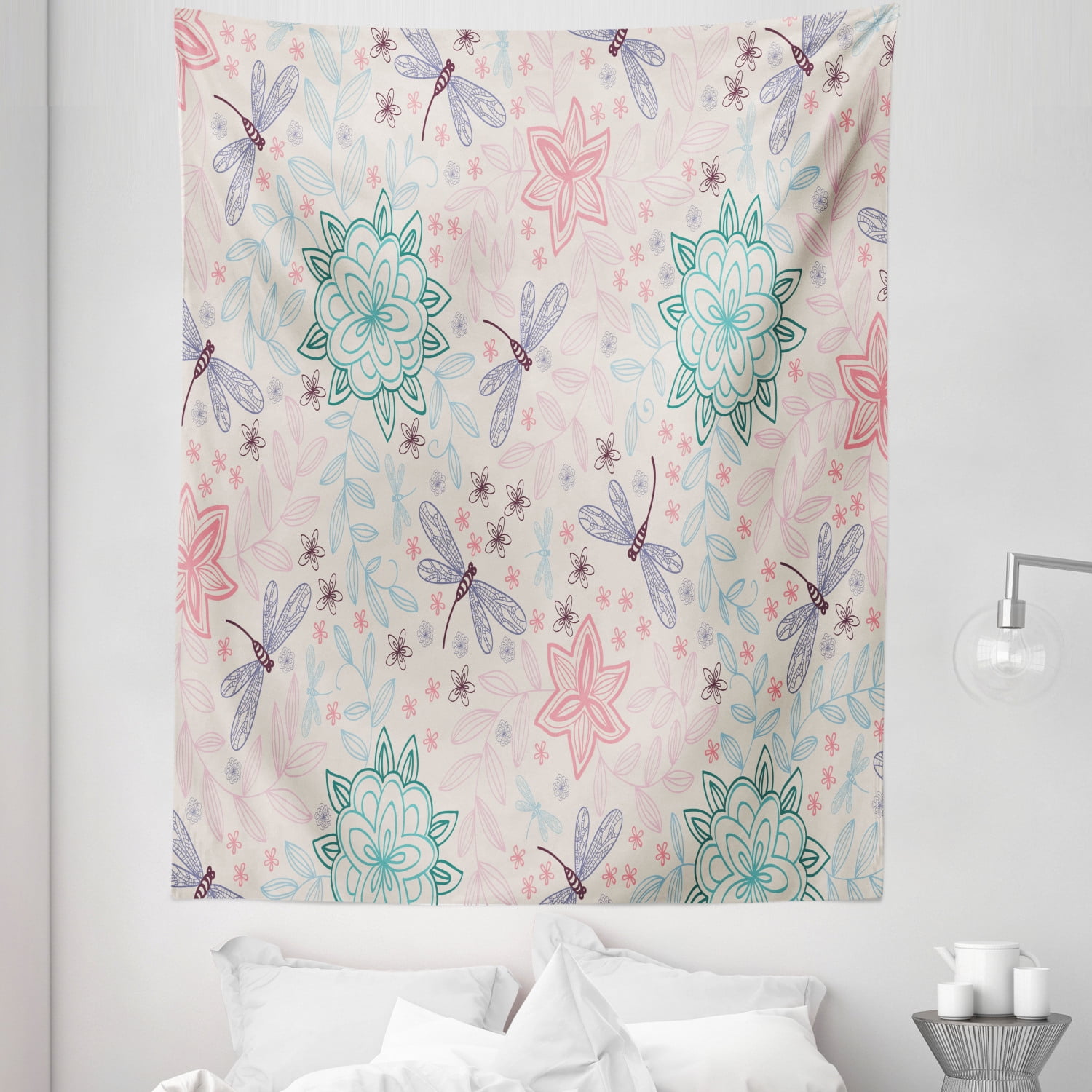 Colorful Tapestry, Pink Backdrop Image with Bohemic Flowers Leaves ...