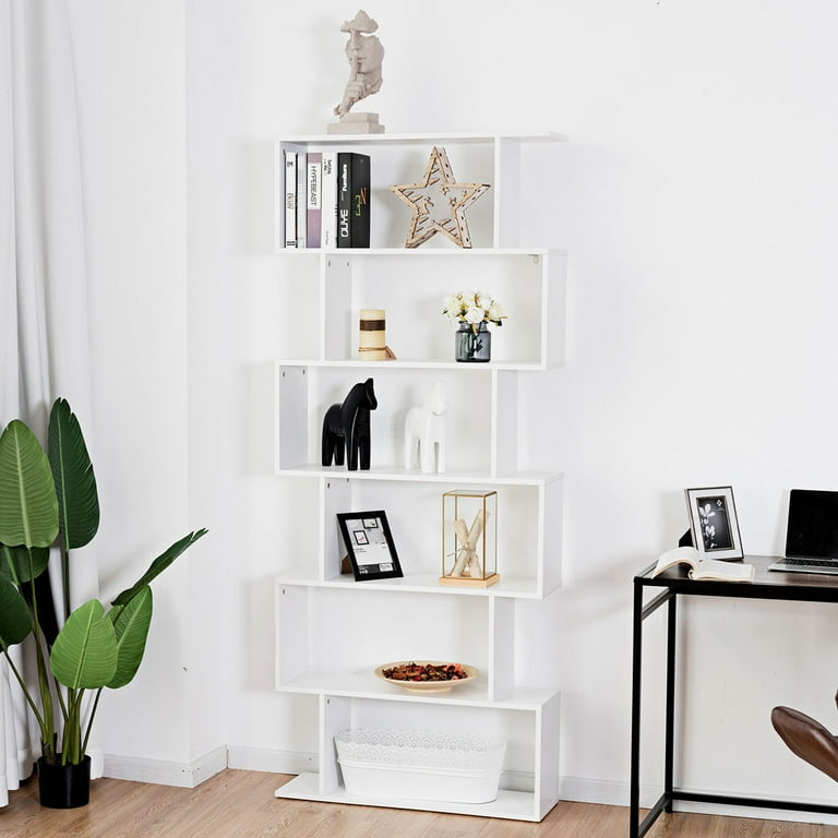 Gymax 6 Tier S Shaped Bookcase Z Shelf Style Storage Display Modern Bookshelf White