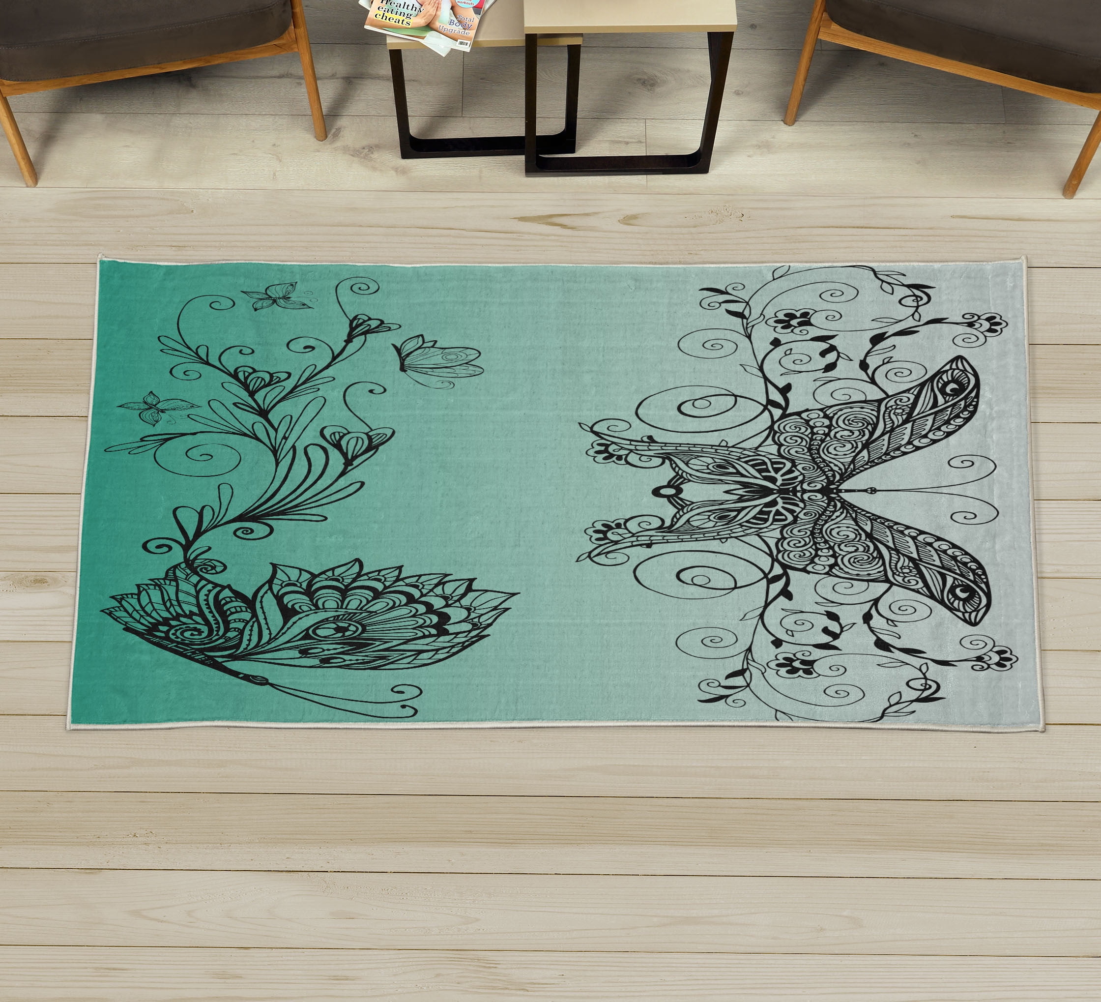 Spring Decorative Rug, Butterfly with Floral Mandala Pattern Bohemian ...