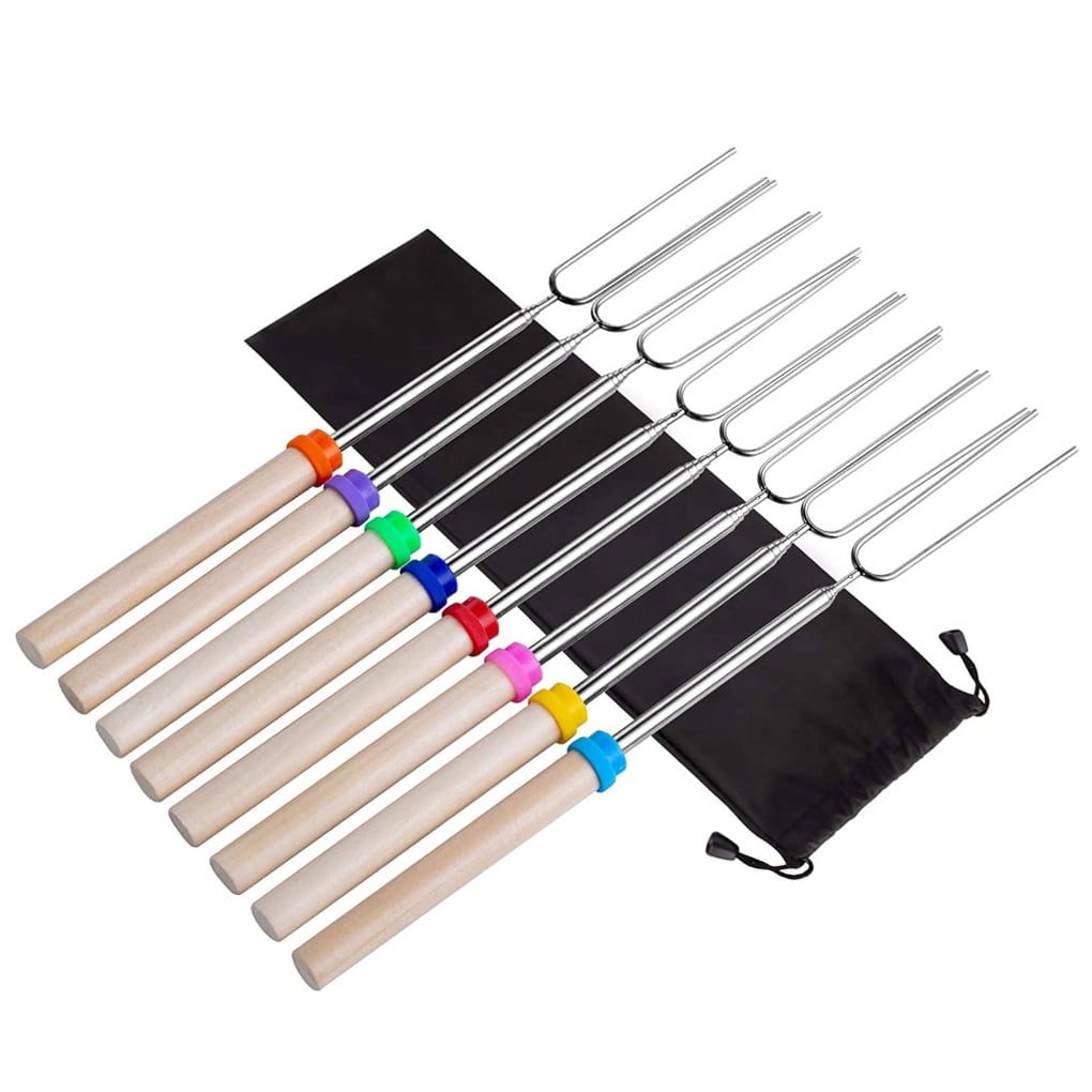 Linyer8pcs/set Barbecue Forks Wood Handle BBQ Sticks Stainless Steel U ...