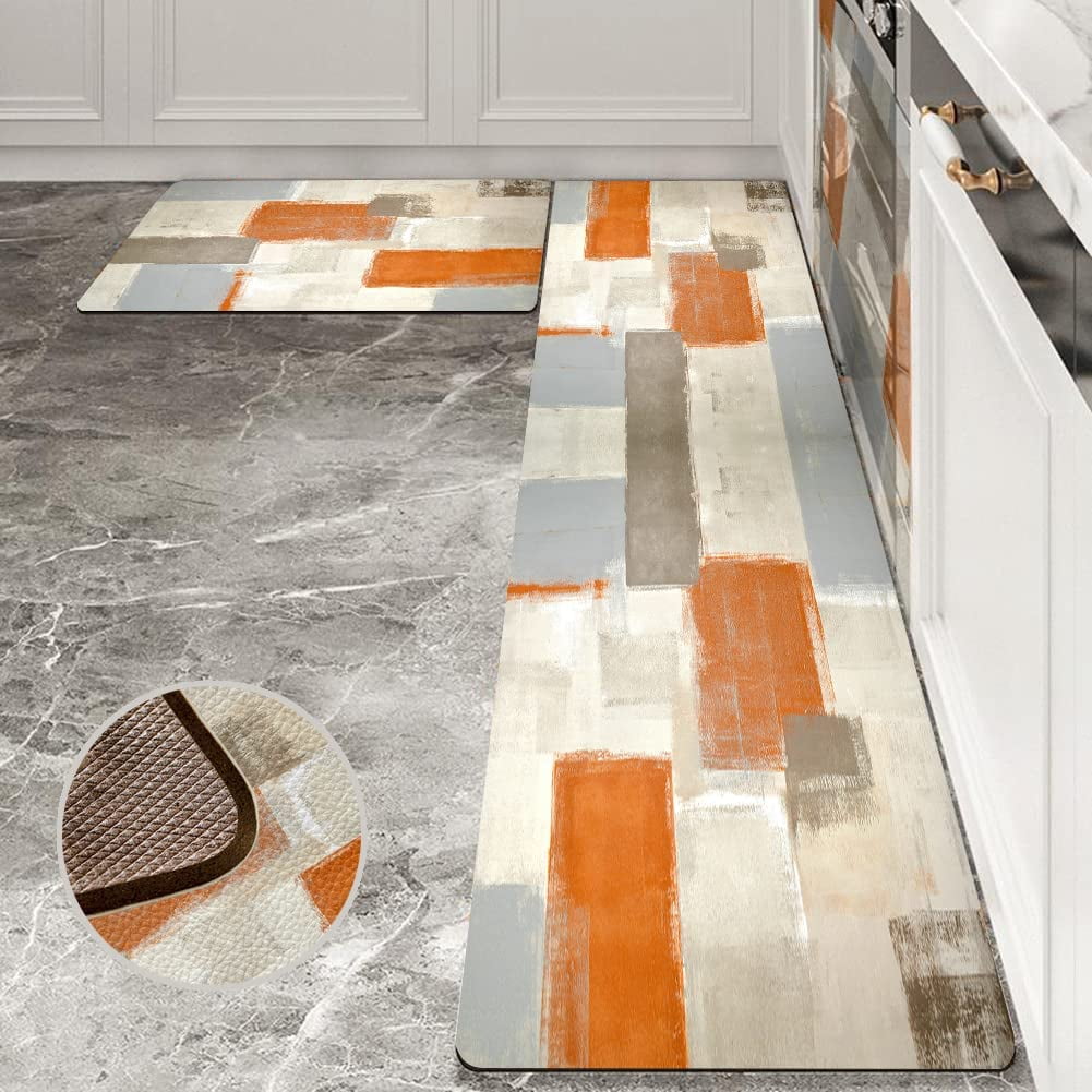 Orange and Grey Kitchen Rugs and Mats Set 2 Piece Orange Abstract Art ...