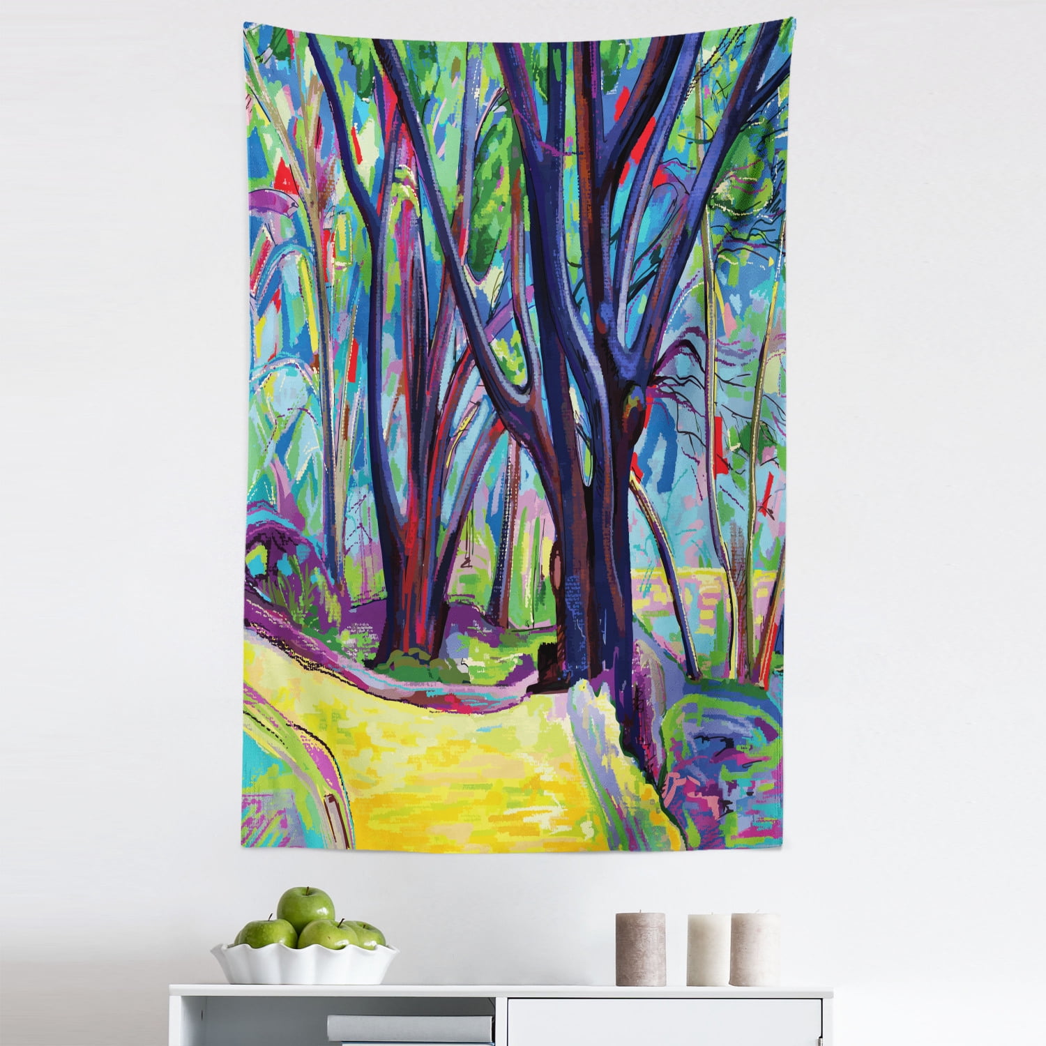 Watercolor Tapestry, Colorful Trippy Forest Colorful Leaves Trees ...