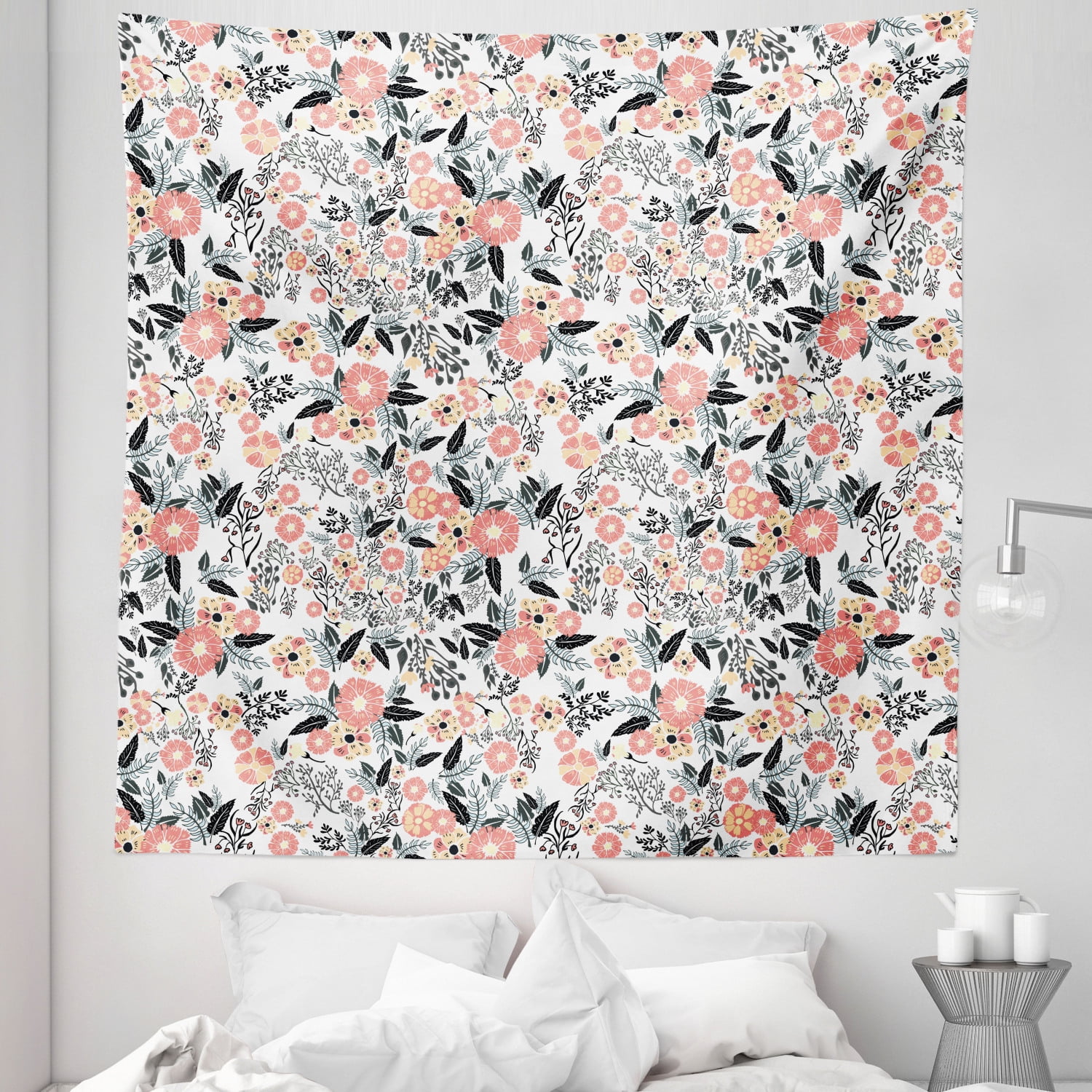 Garden Art Tapestry, Drawing of a Flowering Field with Wildflowers in ...