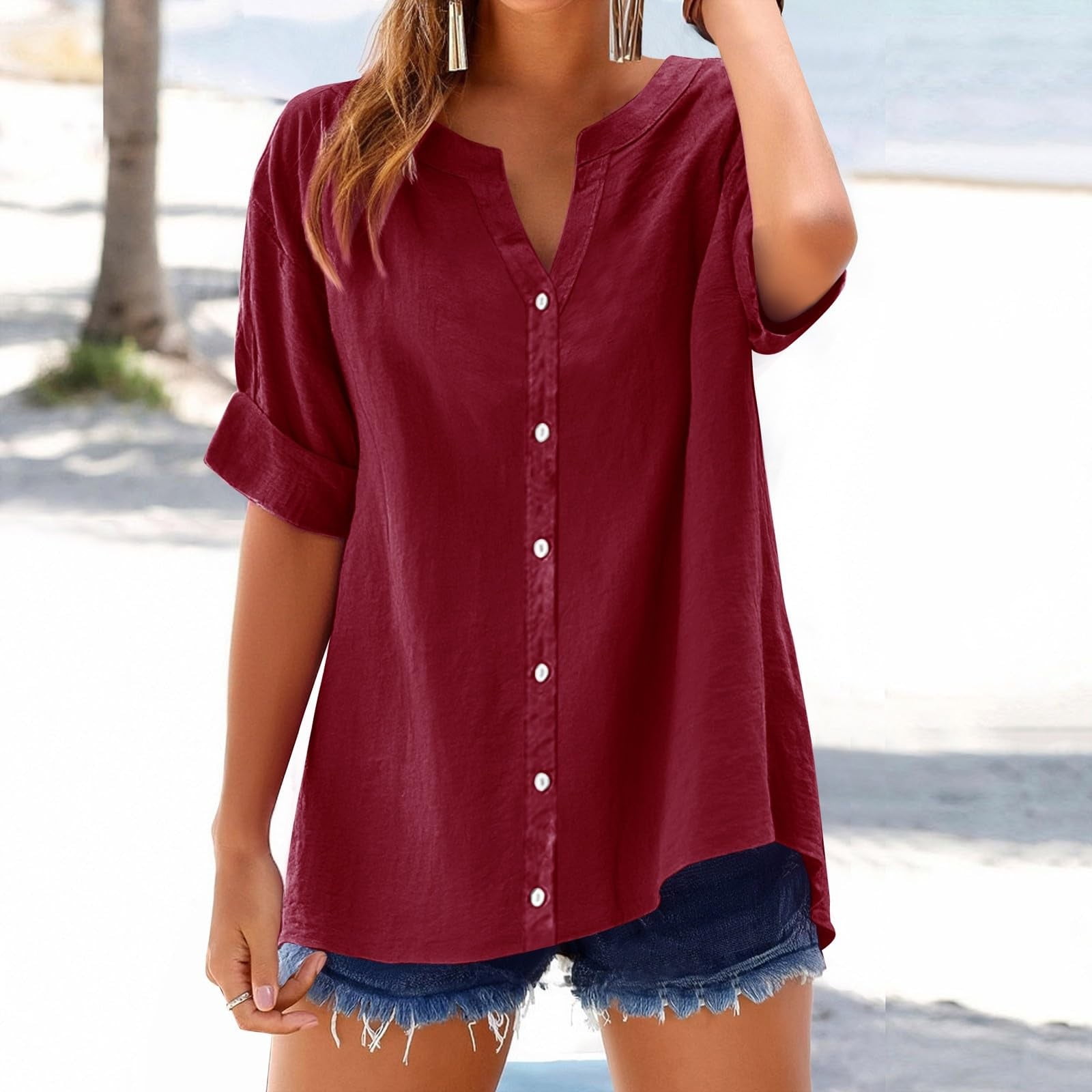 Click here for Frostluinai Womens Button Down Shirts V Neck Rolle... prices
