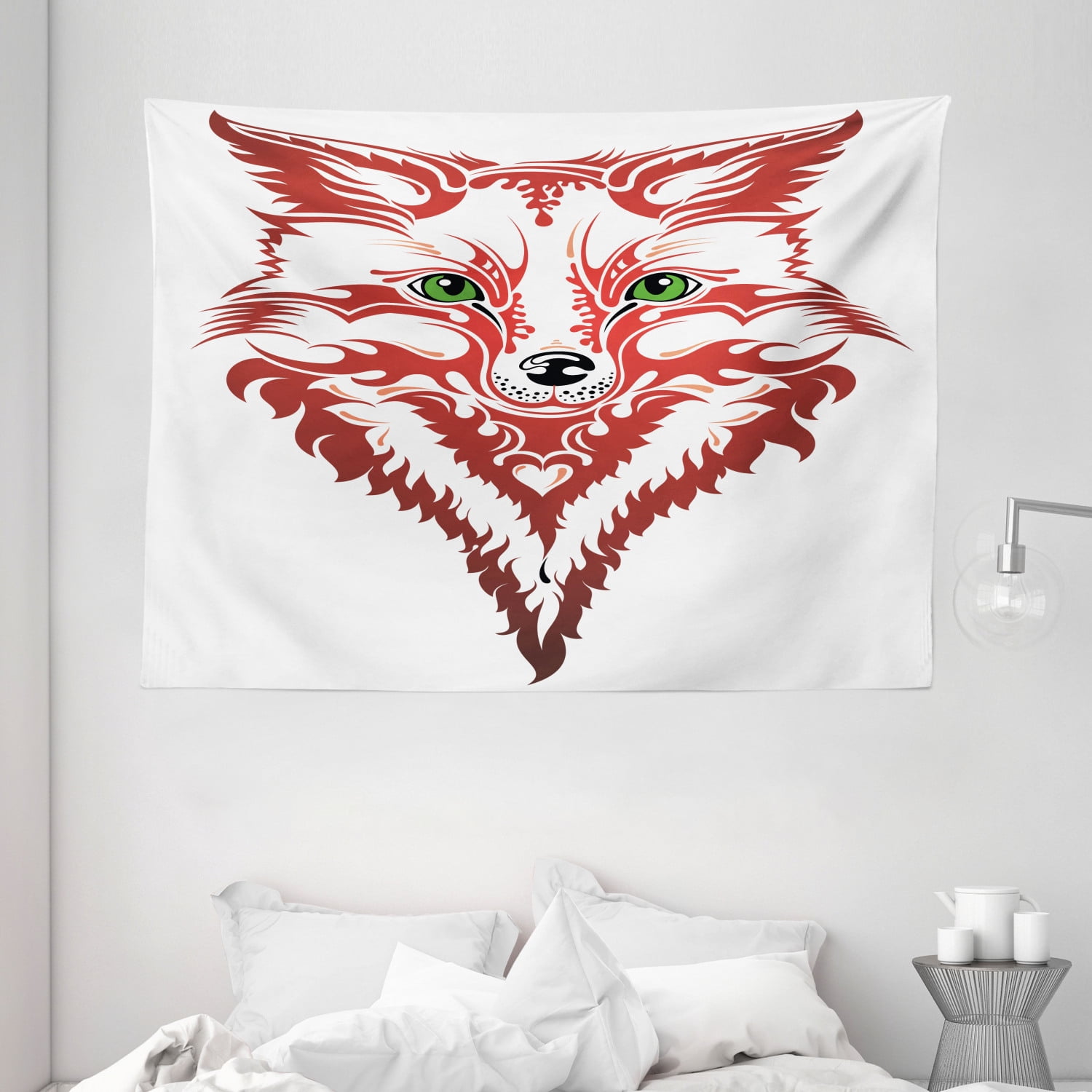 Fox Tapestry, Artistic Patterned Portrait of Fox Sharp Green Eyes Wavy ...