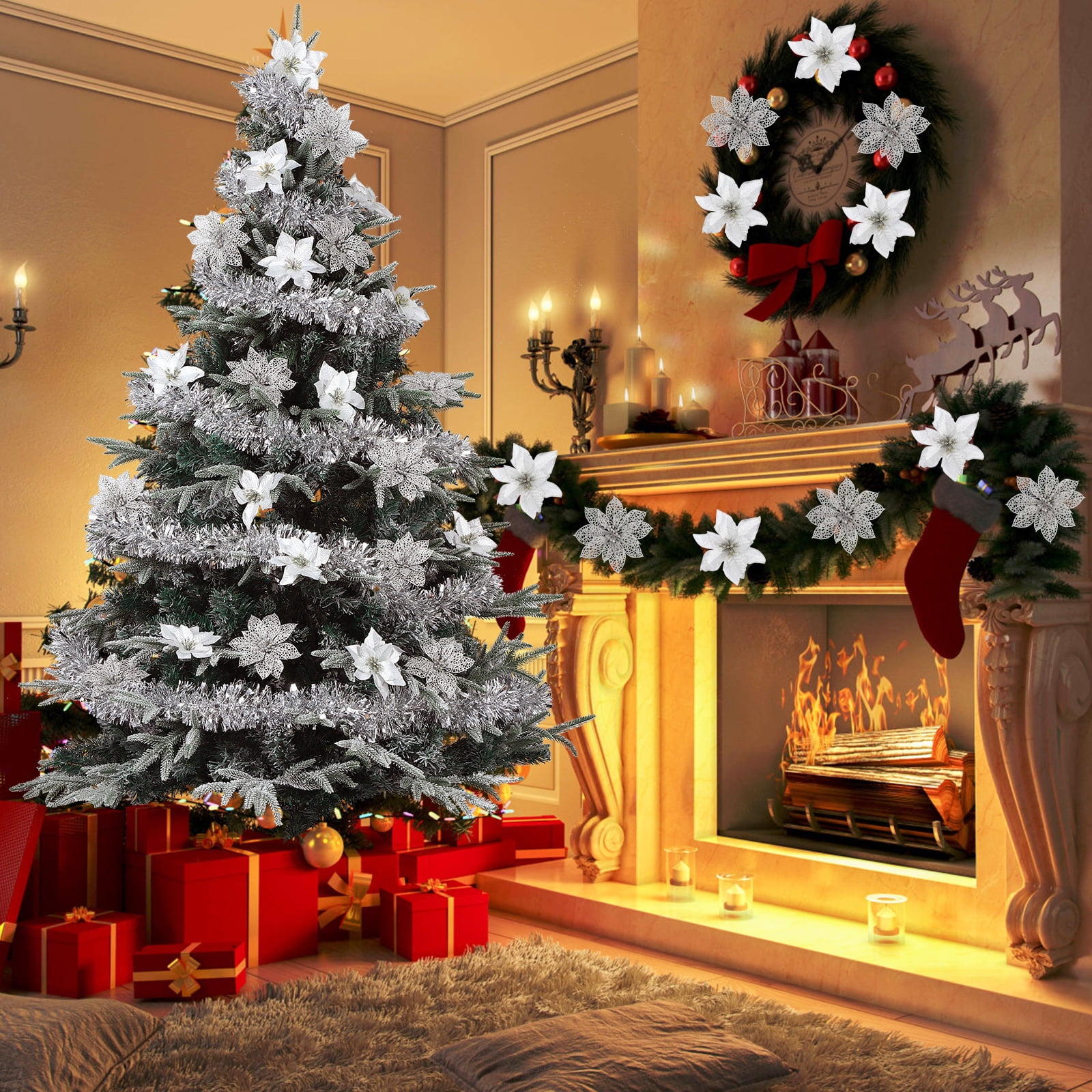 24 Pieces Christmas Glitter Poinsettia with Clips Christmas Poinsettia ...