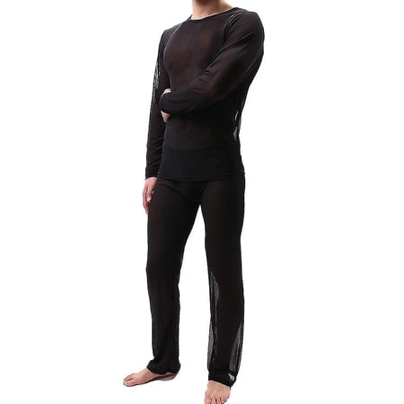Men Mesh Sheer Pajama Set Long Sleeve Tops + Pants Underwear Nightwear ...