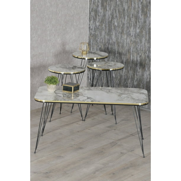 White Marble Table Set with 4 PCS,Rectangular Coffee Table Set of 3 ...