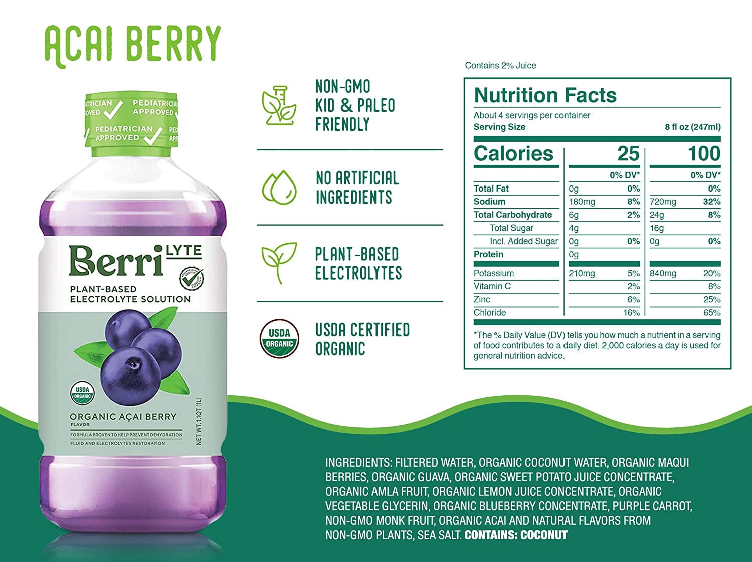 Berri Lyte Acai Organic Pediatric Electrolyte Drink, Natural, Plant ...