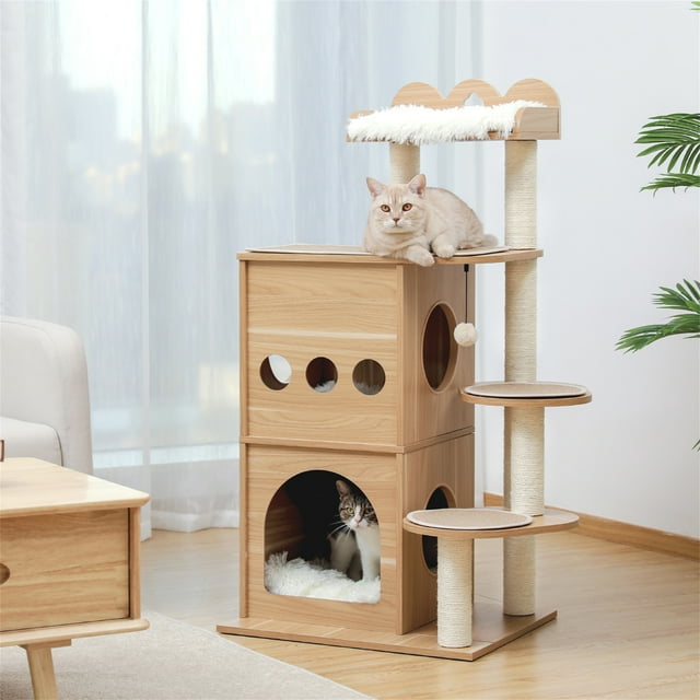 Cfowner Modern Cat Tree, Wooden Multi-Level Cat Sky Castle With 2 Cozy ...