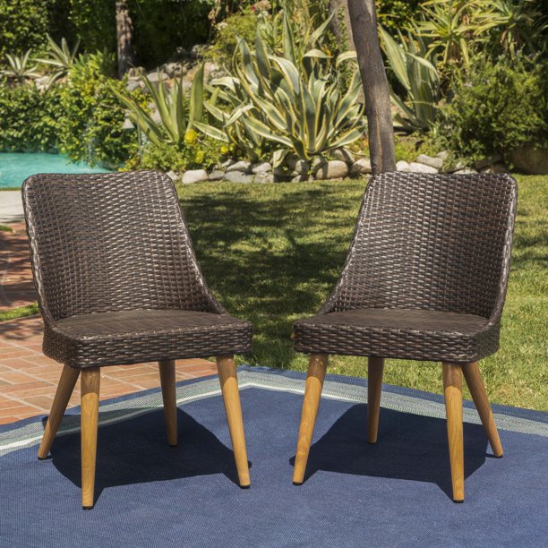 Daphne Outdoor Wicker Dining Chairs with Light Brown Wood Finished ...
