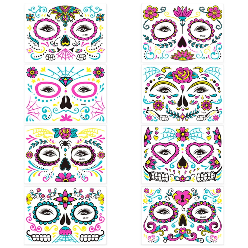 Christmas Luminous Face Sticker 8 Sheets Glow in Dark Sugar Skull Face ...