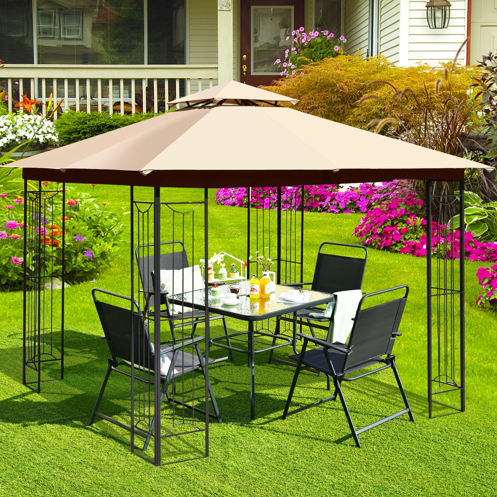 Patiojoy 2-Tiers 10'x10' Outdoor Canopy Gazebo Heavy-Duty Steel Frame ...