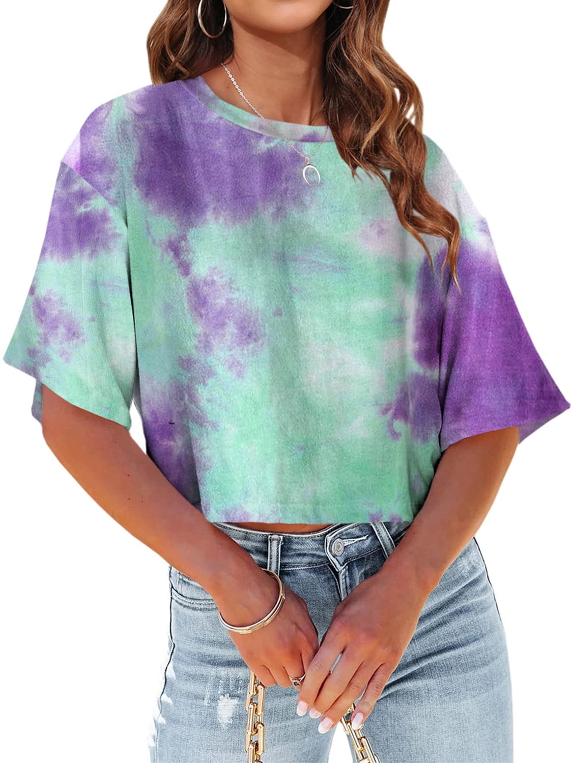 Dellytop Women Half Sleeve Drop Shoulder Striped Basic Crop Tops ...