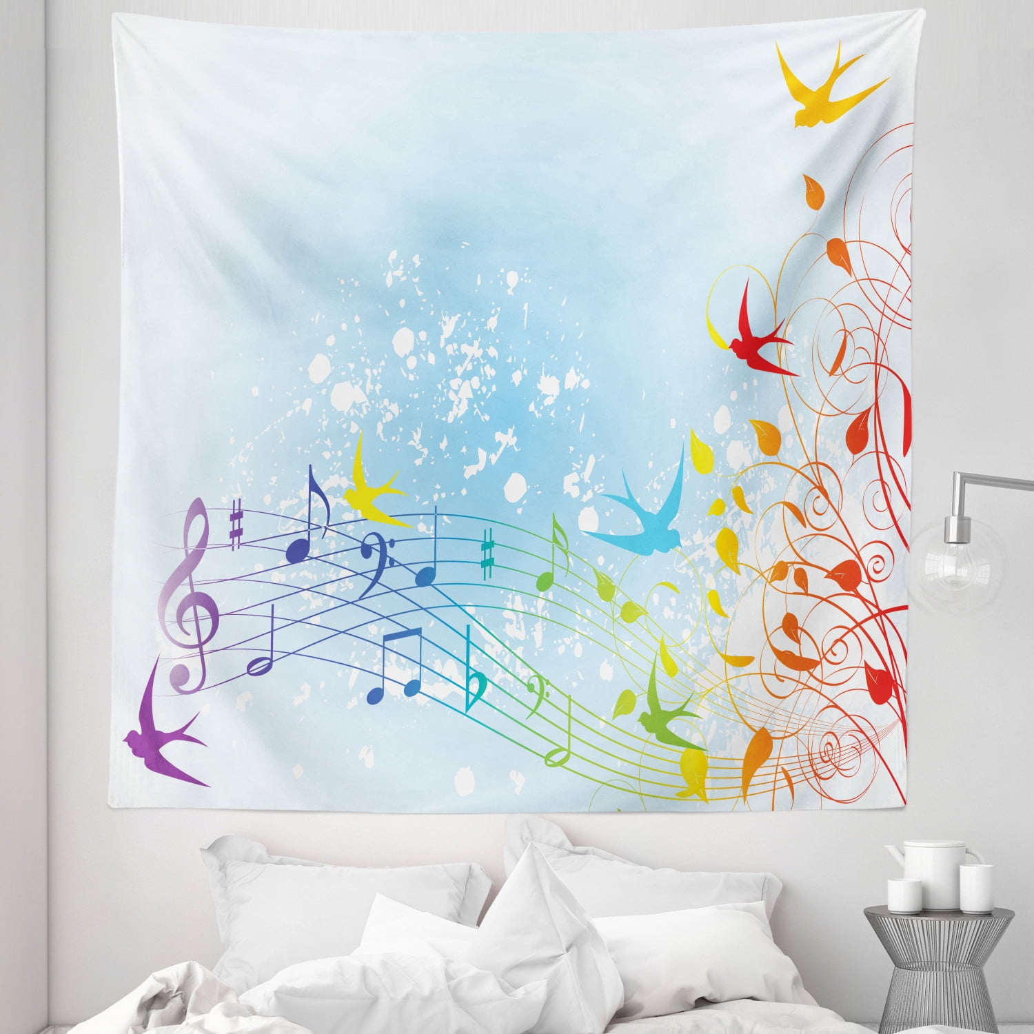 Music Note Tapestry, Illustration of Spring Scene with Flourishes Birds ...