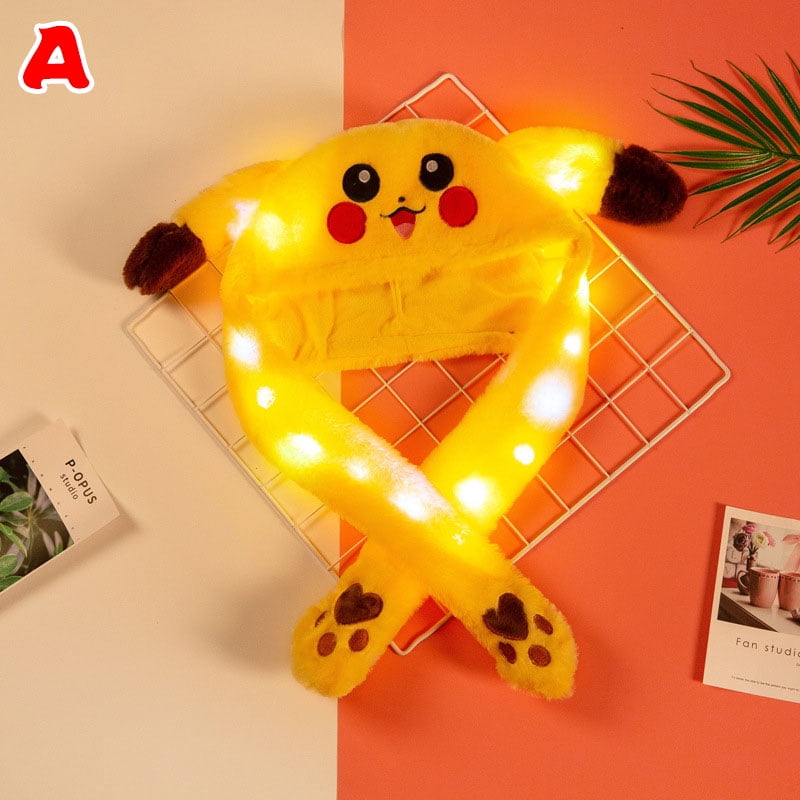 60cm Cute Rabbit Pikachu Plush Cap with Movable Ears Glowing Hat Gift ...