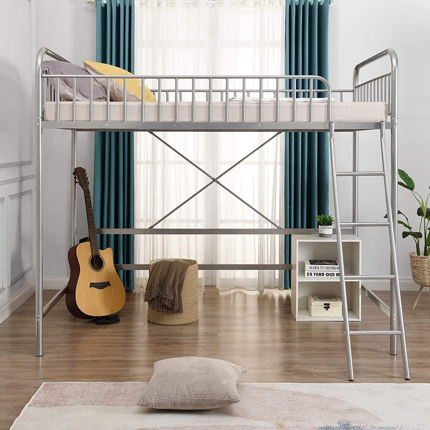 Full Size Loft Bed Frame with Desk and Metal Grid, Health and Comfort ...