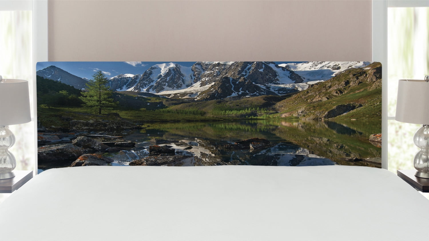 Mountain Range Headboard, Pastoral Nature Snowy Alps Peaks with Lake ...