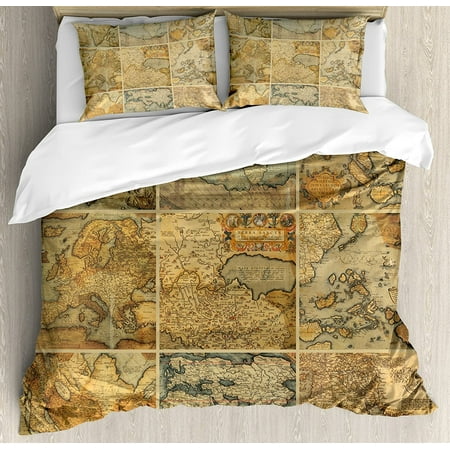World Map Duvet Cover Set, Collage with Antique Old World Maps Vintage ...
