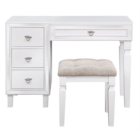 Poundex Wooden Makeup Vanity Set with Lift-up Mirror and Stool - White ...