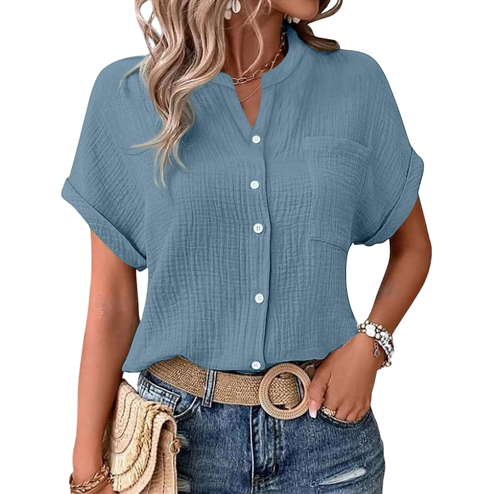 Click here for Ymauqau Button Down Shirts For Women Notch V Neck... prices