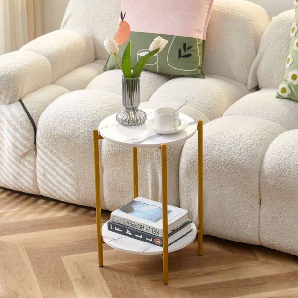KOSSMAI 2-Layer Round Sintered Stone End Coffee Side Table with Gold ...