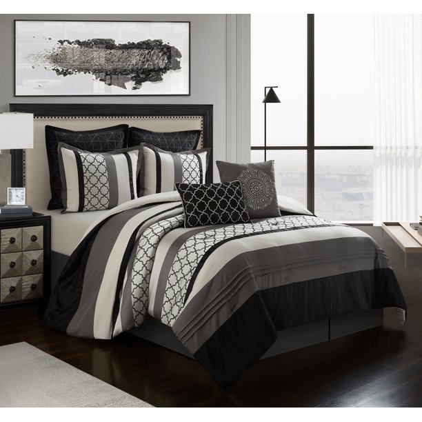 Lanco Moroccan Black/Gray/Off-White, 8-Piece Comforter Set, Queen ...