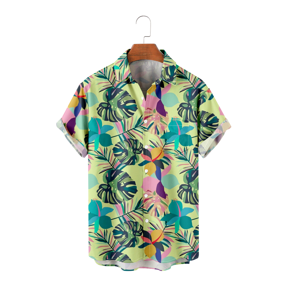Mlfu Unisex Short Sleeve Button Down Beach Shirt Tropical Polyester Tee
