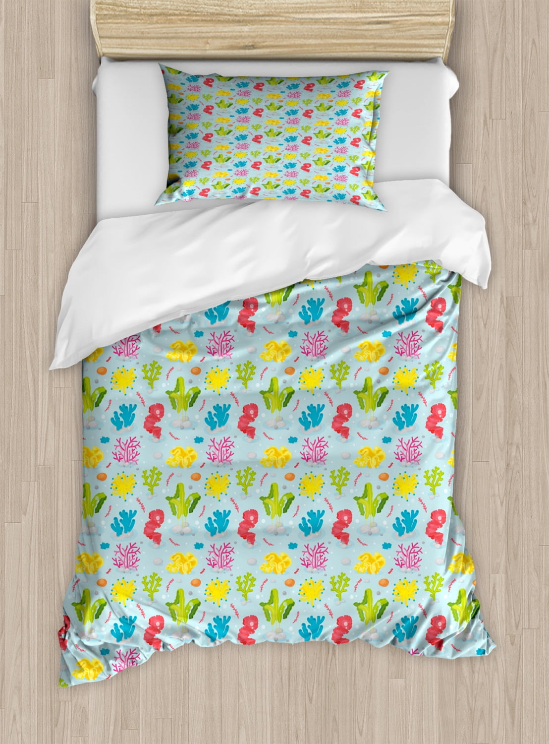 Sea Life Duvet Cover Set Twin Size, Colorful Seaweed and Coral Pattern ...