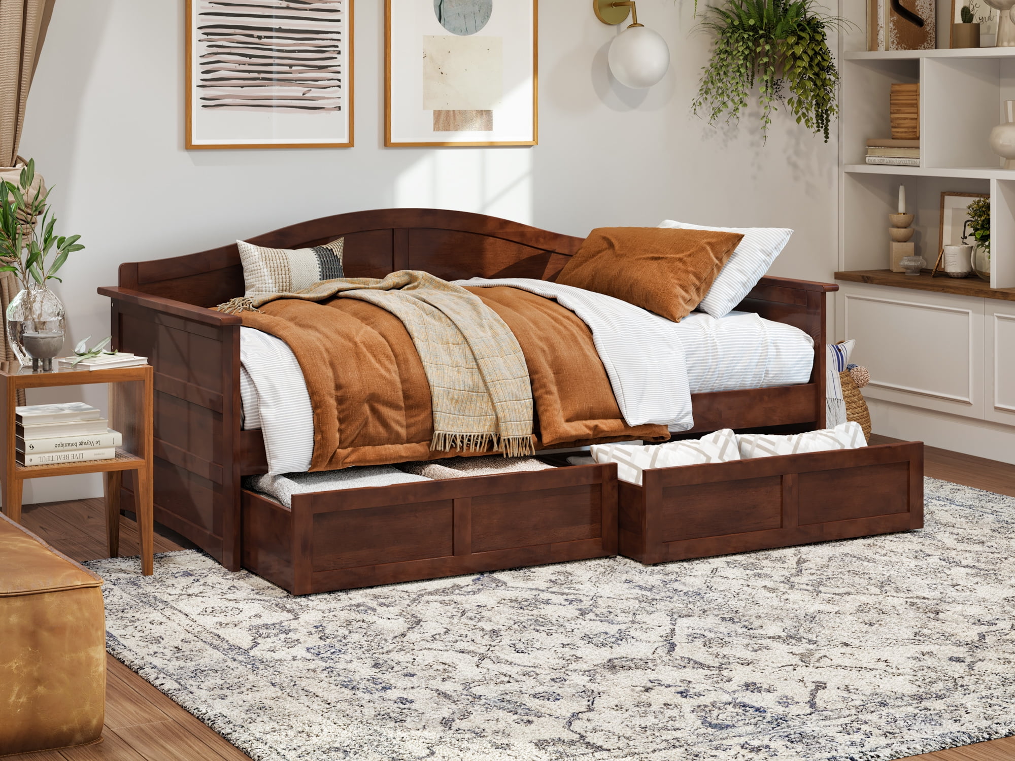 AFI Acadia Wood Twin Size Daybed Frame with 2 Storage Drawers Walnut ...