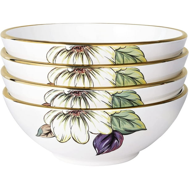 HHHC Porcelain Soup Bowls Set of 4, Floral Salad Bowl, 24 oz Pasta Bowl ...