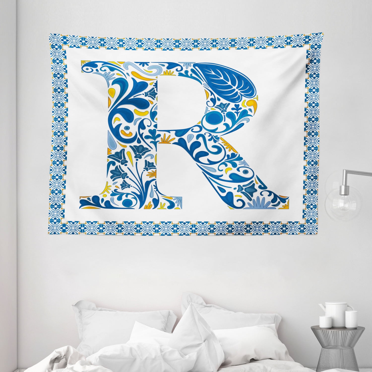 Letter R Tapestry, Curly Blossoms Artistic Motifs Letter R Vintage ...