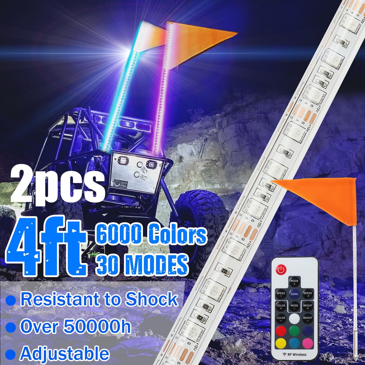 1/2Pcs 3ft/4ft/5ft LED Whip Lights 6000 Color RGB - 30 Modes Lighted ...