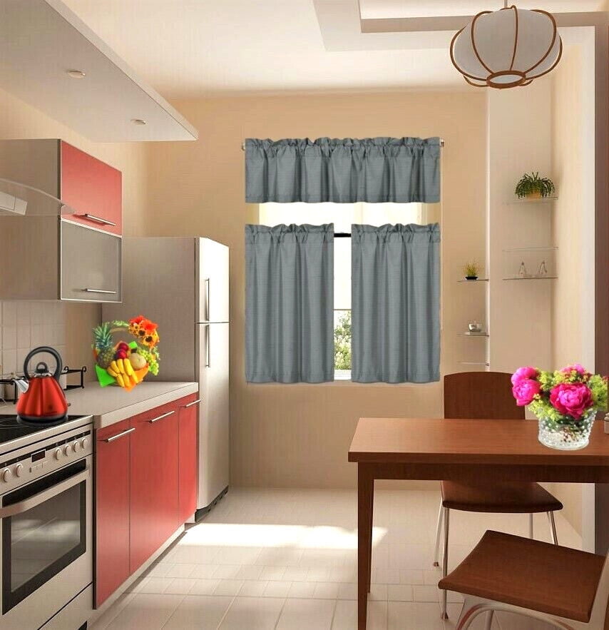 Set of 3 pieces Kitchen Curtain Blackout K4 Charcoal color Rod Pocket ...