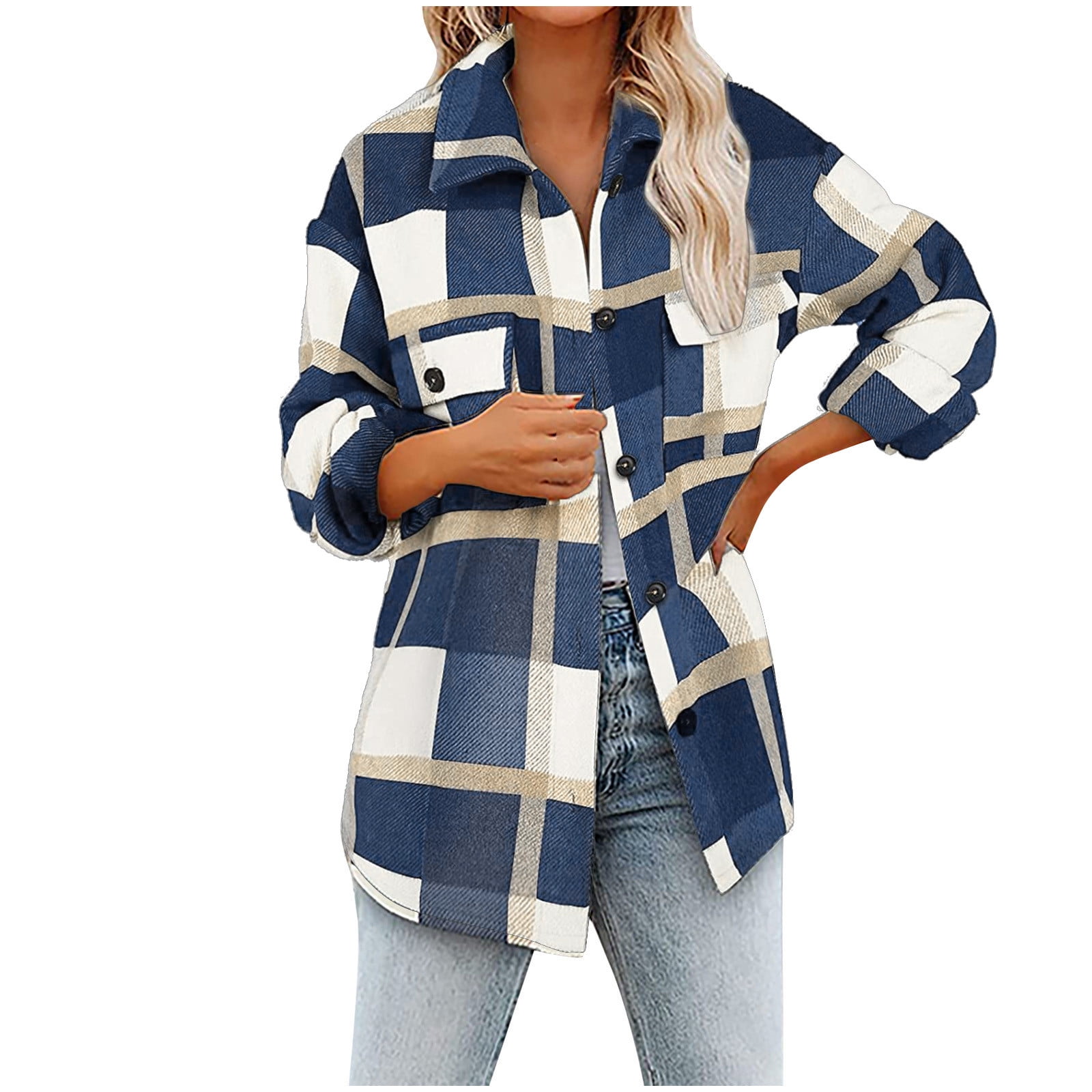 Jacket For Women Flannel Plaid Long Sleeve Lapel Button Down Shirts ...