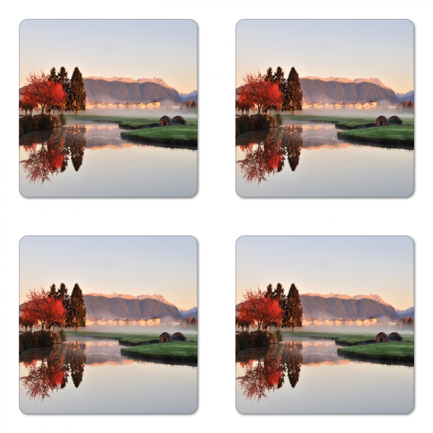 Fall Coaster Set of 4, Vibrant Maple and Pine Trees Reflection Stone ...