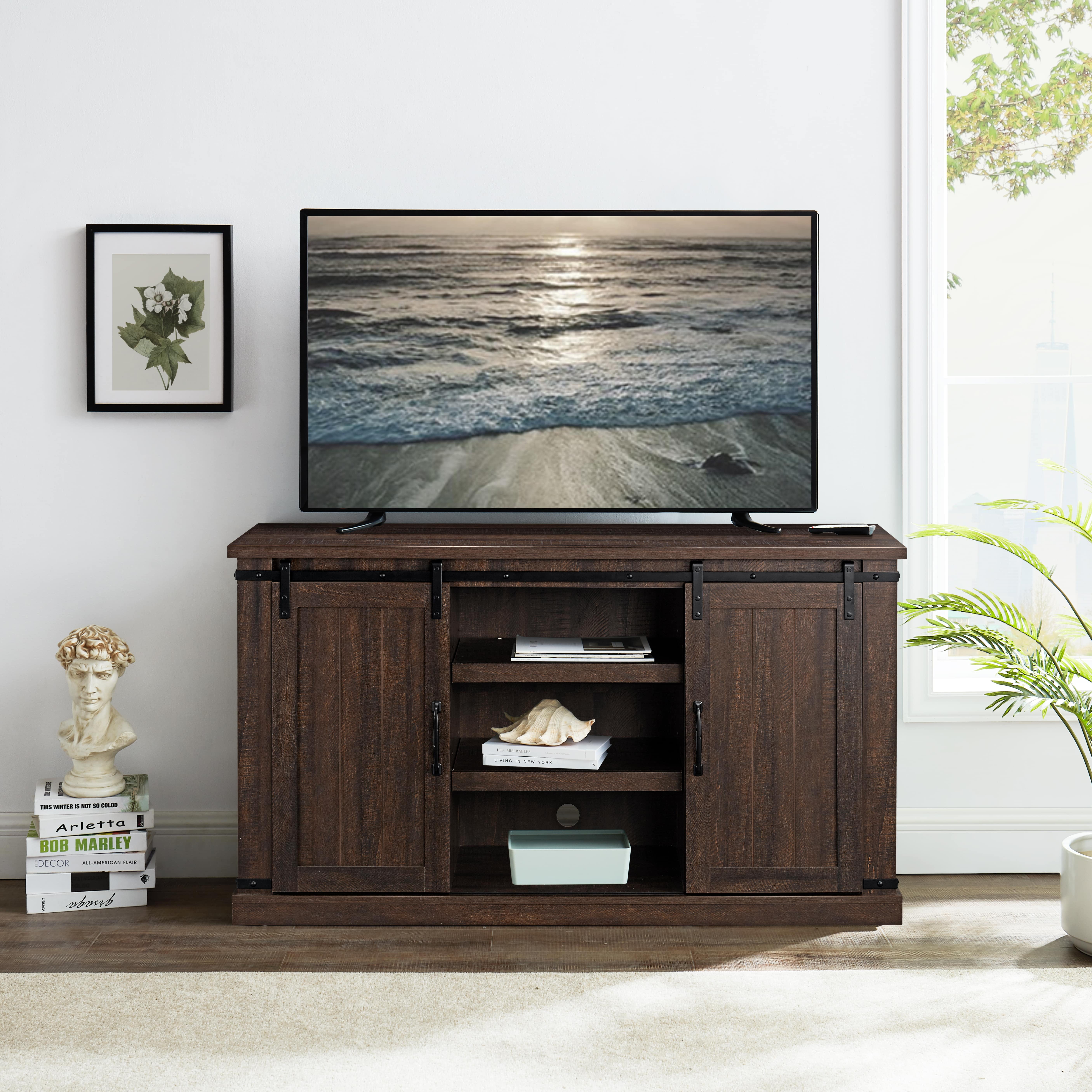 FESTIVO 54 in. Espresso Sliding Doors TV Stand for TVs up to 60 in ...