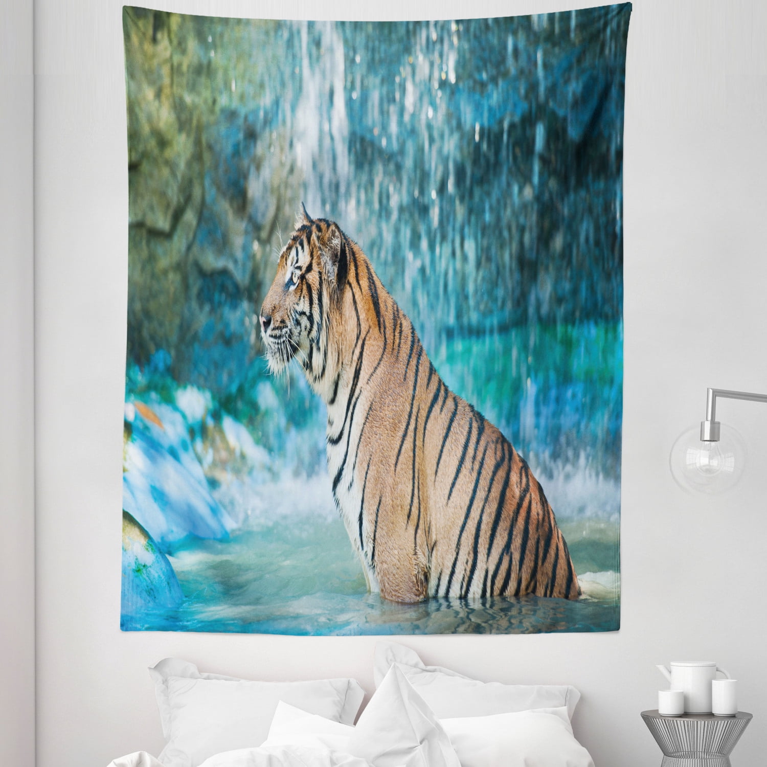 Tiger Tapestry, Feline Beast in Pond Searching for Prey Sumatra ...