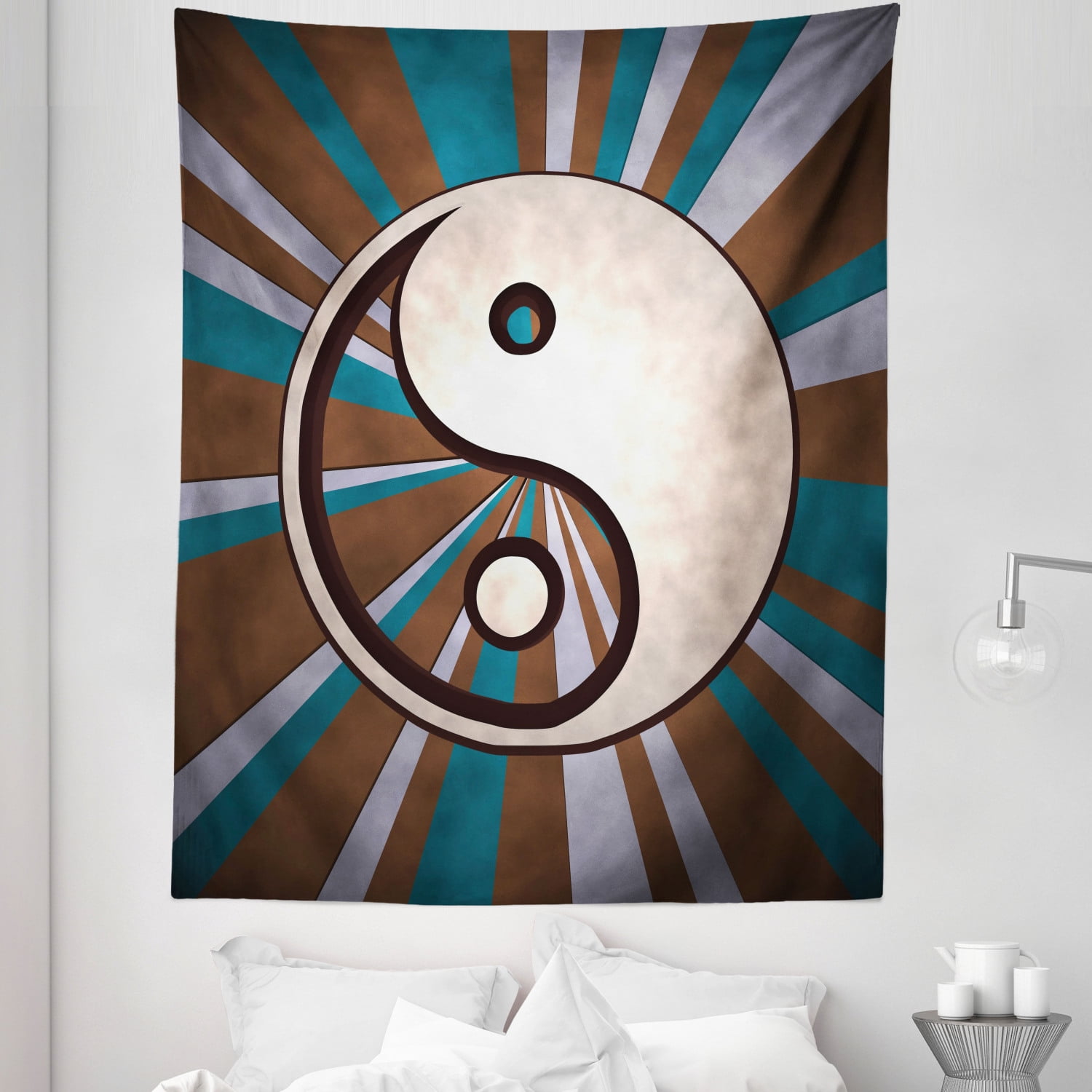 Ying Yang Tapestry, Grungy Retro Striped Sunburst Pattern Hippie Style ...