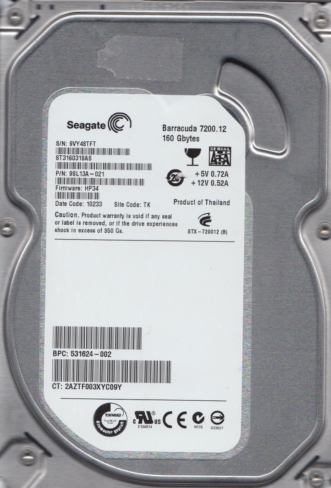 ST3160318AS, 9VY, TK, PN 9SL13A-021, FW HP34, Seagate 160GB SATA 3.5 ...