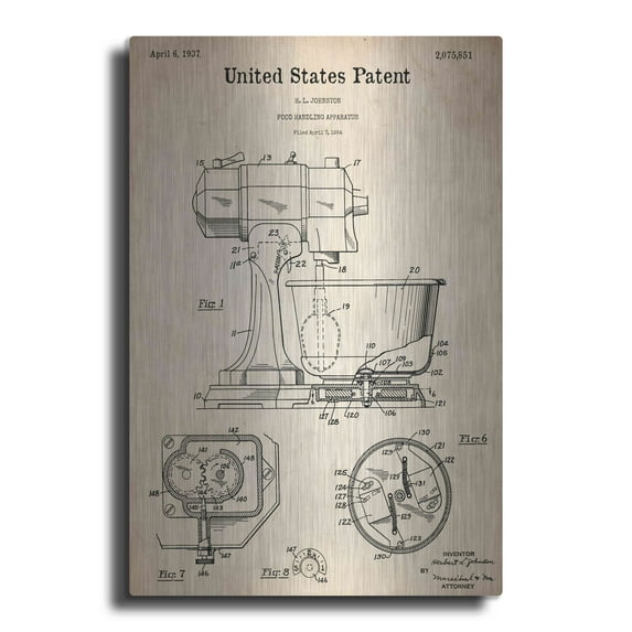 Luxe Metal Art 'Kitchen Mixer Blueprint Patent Parchment,' Metal Wall ...