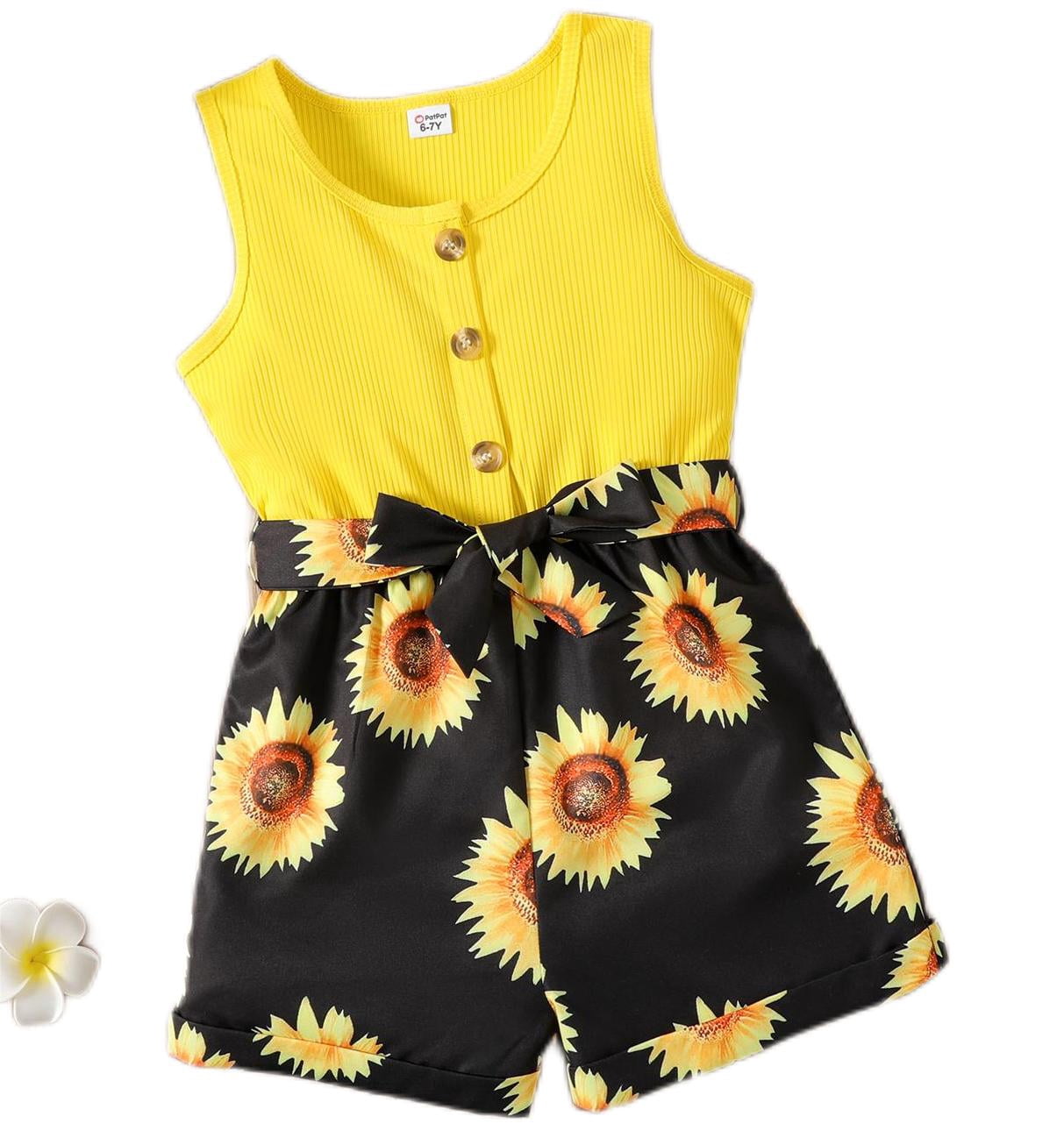 PatPat Kid Girl Floral Print Ribbed Splice Button Design Sleeveless ...