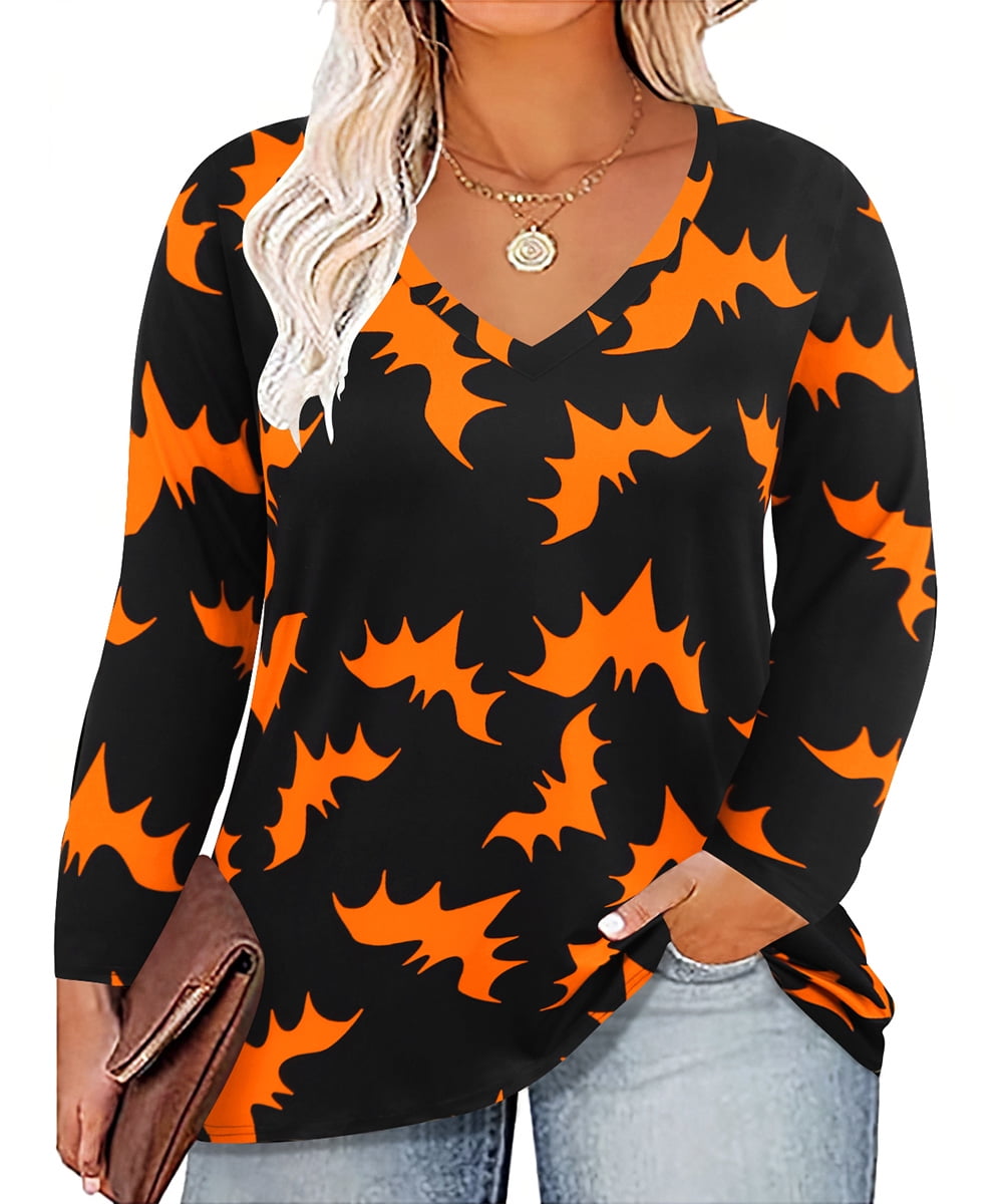 TIYOMI Ladies Plus Size 4X Halloween Black Bat Tops Long Sleeve Shirts ...
