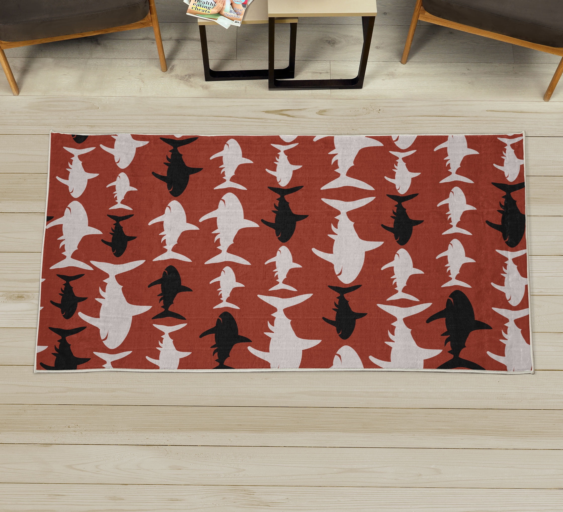 Sea Animals Decorative Rug, Monochrome Shark Illustration Fashion ...