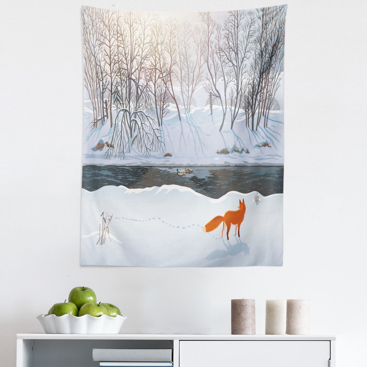 Winter Tapestry, Snowy Forest Fox Friend Mammal Birds Woodland Scenery ...