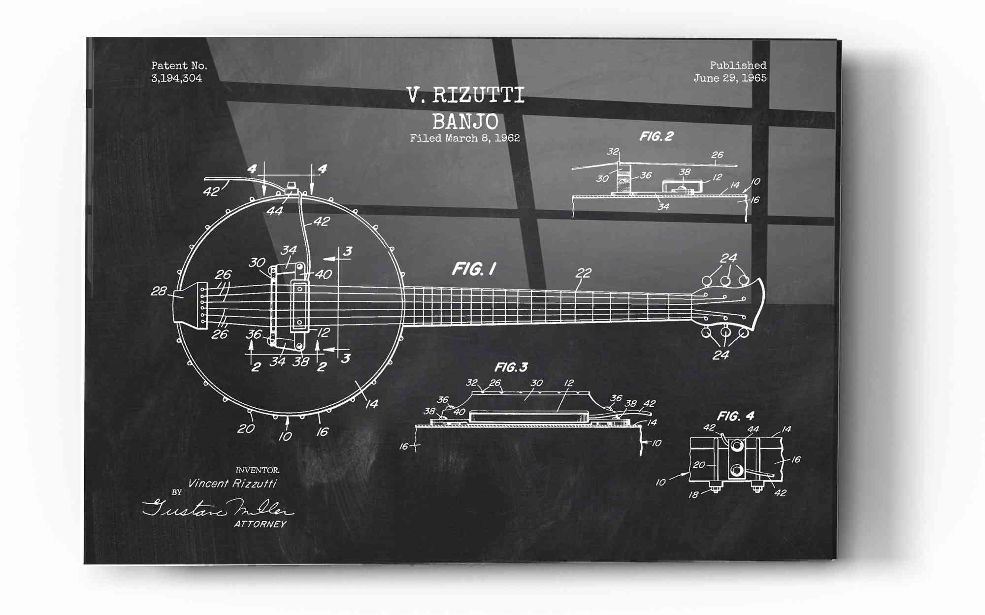 Epic Art 'Banjo Blueprint Patent Chalkboard' Acrylic Glass Wall Art, 16 ...